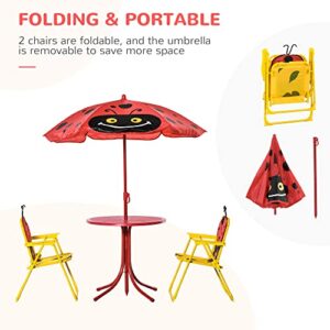 Outsunny Kids Table and Chair Set, Outdoor Folding Garden Furniture, Picnic Table for Patio Backyard, with Ladybug Pattern, Removable & Height Adjustable Sun Umbrella, Aged 3-6 Years Old, Red