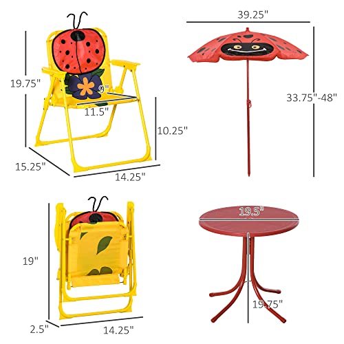 Outsunny Kids Table and Chair Set, Outdoor Folding Garden Furniture, Picnic Table for Patio Backyard, with Ladybug Pattern, Removable & Height Adjustable Sun Umbrella, Aged 3-6 Years Old, Red