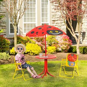 Outsunny Kids Table and Chair Set, Outdoor Folding Garden Furniture, Picnic Table for Patio Backyard, with Ladybug Pattern, Removable & Height Adjustable Sun Umbrella, Aged 3-6 Years Old, Red