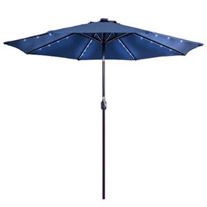 sundale outdoor 9 feet solar powered 32 led lighted patio umbrella table market umbrella with crank and push button tilt for garden, deck, backyard, pool, 8 steel ribs, (navy)