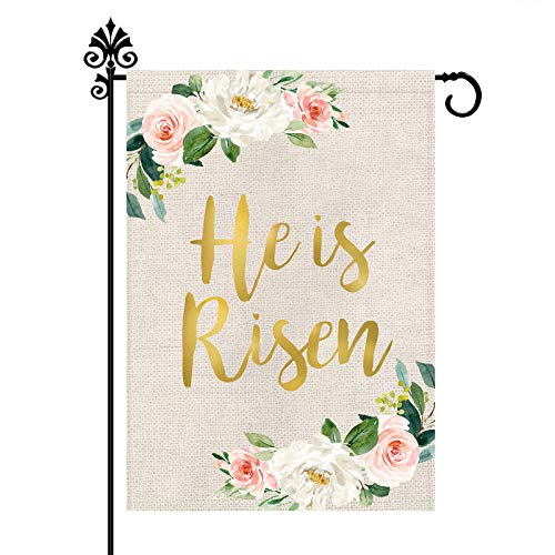 Easter Cross Garden Flag He is Risen Religious Yard Outdoor Decor 12.5 x 18 Inch Double Sided Burlap Spring Flowers Holiday Decorations