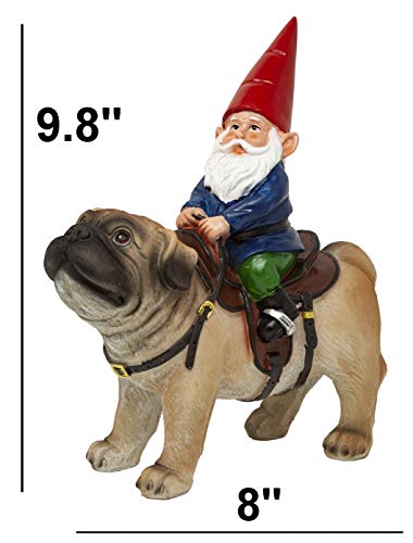 Funny Guy Mugs Garden Gnome Statue - Gnome Riding a Pug - Indoor/Outdoor Garden Gnome Sculpture for Patio, Yard or Lawn