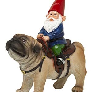 Funny Guy Mugs Garden Gnome Statue - Gnome Riding a Pug - Indoor/Outdoor Garden Gnome Sculpture for Patio, Yard or Lawn