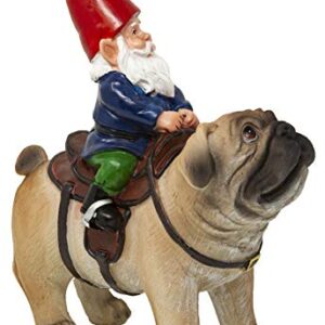 Funny Guy Mugs Garden Gnome Statue - Gnome Riding a Pug - Indoor/Outdoor Garden Gnome Sculpture for Patio, Yard or Lawn