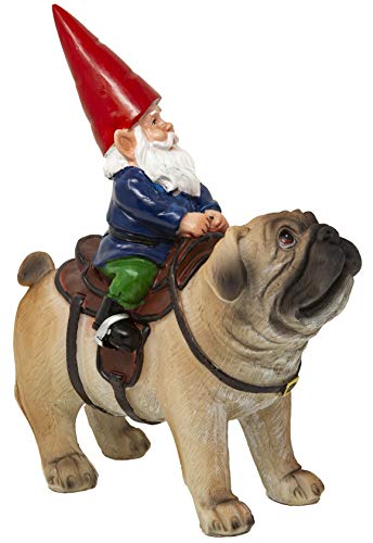 Funny Guy Mugs Garden Gnome Statue - Gnome Riding a Pug - Indoor/Outdoor Garden Gnome Sculpture for Patio, Yard or Lawn