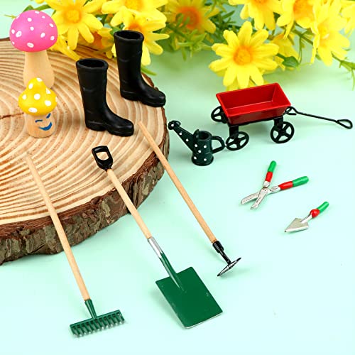 Haomian Miniature Fairy Garden Accessories Set 9 Pcs 1:12 Mini Metal Spade Pestle Kettle Wagon Rake Garden Watering Supplies Micro Landscape Ornaments Dollhouse Accessories