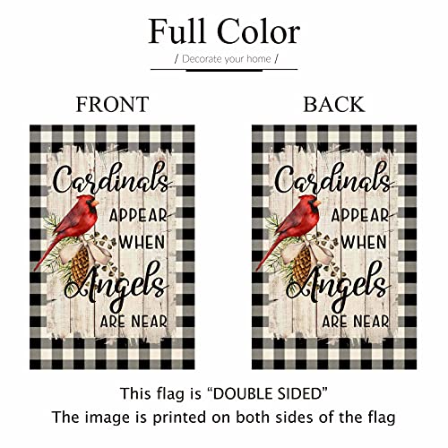 ORTIGIA Christmas Red Cardinals Appear When Angels are Near Garden Flag Vertical Double Sided 12x18inch Buffalo Check Plaid Pine Nuts Yard Flag Winter Holiday Xmas Outdoor Flag Lawn Home Decoration