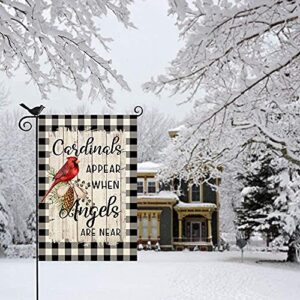 ORTIGIA Christmas Red Cardinals Appear When Angels are Near Garden Flag Vertical Double Sided 12x18inch Buffalo Check Plaid Pine Nuts Yard Flag Winter Holiday Xmas Outdoor Flag Lawn Home Decoration