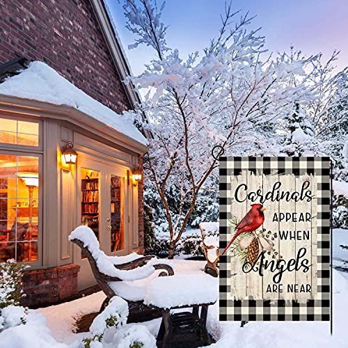 ORTIGIA Christmas Red Cardinals Appear When Angels are Near Garden Flag Vertical Double Sided 12x18inch Buffalo Check Plaid Pine Nuts Yard Flag Winter Holiday Xmas Outdoor Flag Lawn Home Decoration