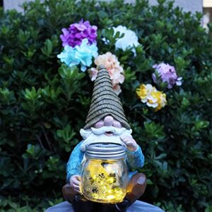 Vcdsoy Solar Firefly Jar Gnome Waterproof - Solar Outdoor LED Lights Resin Garden Gnome Statues Decor 10.4" Lantern Figurines Funny Yard Decorations Gifts for Ornament Outside Patio Yard Lawn Porch