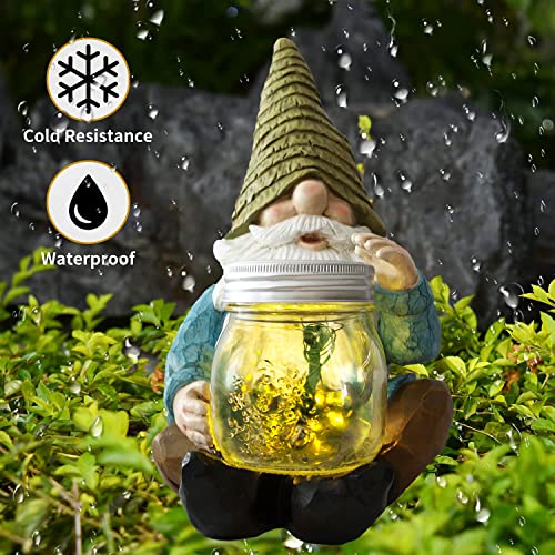 Vcdsoy Solar Firefly Jar Gnome Waterproof - Solar Outdoor LED Lights Resin Garden Gnome Statues Decor 10.4" Lantern Figurines Funny Yard Decorations Gifts for Ornament Outside Patio Yard Lawn Porch