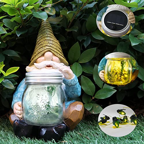 Vcdsoy Solar Firefly Jar Gnome Waterproof - Solar Outdoor LED Lights Resin Garden Gnome Statues Decor 10.4" Lantern Figurines Funny Yard Decorations Gifts for Ornament Outside Patio Yard Lawn Porch