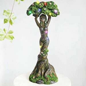 forup 14 inch tree goddess garden statue, resin dryad garden figurine with 18 leds, solar powered lighted garden sculpture for outdoor patio lawn yard garden decorations