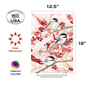 Toland Home Garden 1110443 Chickadees and Berries Spring Flag 12x18 Inch Double Sided Spring Garden Flag for Outdoor House Bird Flag Yard Decoration