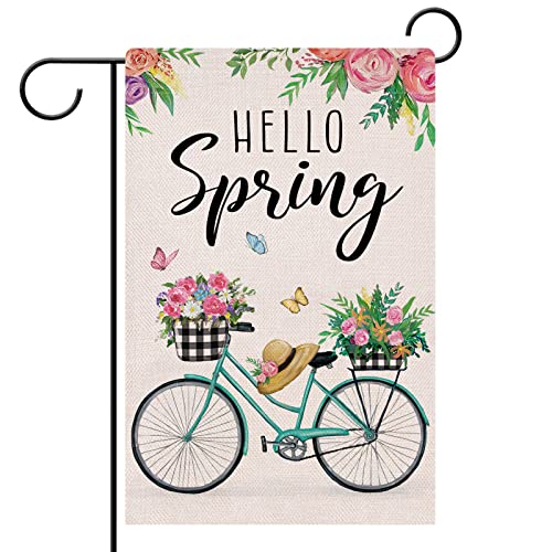 Hzppyz Hello Spring Bicycle Flowers Garden Flag Double Sided, Rose Bike Decorative Yard Outdoor Home Small Decor, Farmhouse Burlap Outside House Decoration 12 x 18