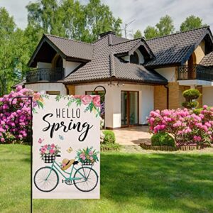 Hzppyz Hello Spring Bicycle Flowers Garden Flag Double Sided, Rose Bike Decorative Yard Outdoor Home Small Decor, Farmhouse Burlap Outside House Decoration 12 x 18