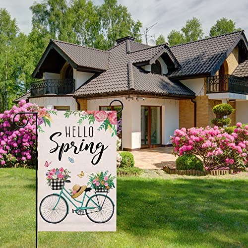 Hzppyz Hello Spring Bicycle Flowers Garden Flag Double Sided, Rose Bike Decorative Yard Outdoor Home Small Decor, Farmhouse Burlap Outside House Decoration 12 x 18