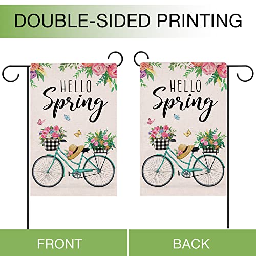 Hzppyz Hello Spring Bicycle Flowers Garden Flag Double Sided, Rose Bike Decorative Yard Outdoor Home Small Decor, Farmhouse Burlap Outside House Decoration 12 x 18