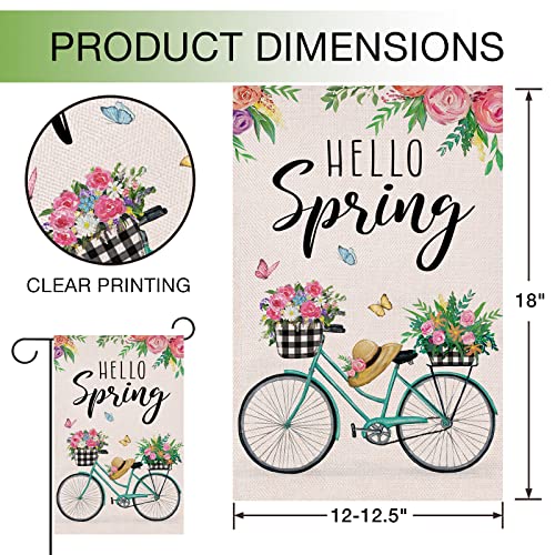 Hzppyz Hello Spring Bicycle Flowers Garden Flag Double Sided, Rose Bike Decorative Yard Outdoor Home Small Decor, Farmhouse Burlap Outside House Decoration 12 x 18