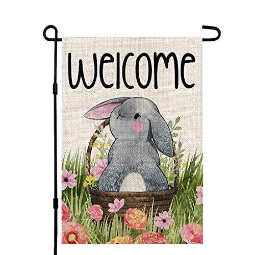 Welcome Easter Garden Flag Vertical Double Sided, Spring Bunny Floral Basket Holiday Yard Farmhouse Outdoor Decoration 12x18 Inch DF022