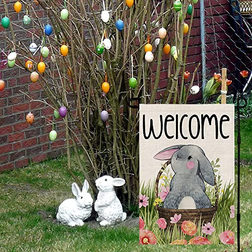 Welcome Easter Garden Flag Vertical Double Sided, Spring Bunny Floral Basket Holiday Yard Farmhouse Outdoor Decoration 12x18 Inch DF022