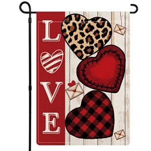 yovoyoa happy valentines day garden flag, 12.5 x 18″ vertical double sided heart anniversary wedding burlap flag, rustic love leopard print buffalo check plaid flag for yard patio farmhouse decor