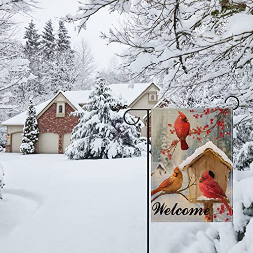 Artofy Welcome Winter Cardinals Red Birds Home Decorative Garden Yard Flag, Birdhouse Berries Tree Branches Outside Decor, Christmas Snow Farmhouse Outdoor Small Seasonal Decoration Double Sided 12x18