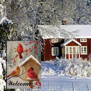 Artofy Welcome Winter Cardinals Red Birds Home Decorative Garden Yard Flag, Birdhouse Berries Tree Branches Outside Decor, Christmas Snow Farmhouse Outdoor Small Seasonal Decoration Double Sided 12x18