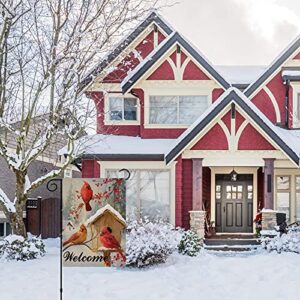 Artofy Welcome Winter Cardinals Red Birds Home Decorative Garden Yard Flag, Birdhouse Berries Tree Branches Outside Decor, Christmas Snow Farmhouse Outdoor Small Seasonal Decoration Double Sided 12x18