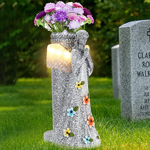 MIBUNG Cemetery Grave Flower Vase with Spikes, Solar Powered Praying Angel Statue Vase Holder with Stakes for Headstone Gravesite Decorations, Memorial Stone, Garden Yard Lawn Decor, Sympathy Gifts