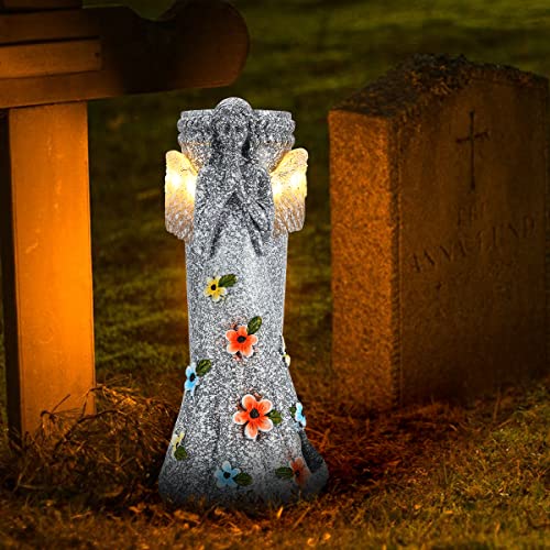 MIBUNG Cemetery Grave Flower Vase with Spikes, Solar Powered Praying Angel Statue Vase Holder with Stakes for Headstone Gravesite Decorations, Memorial Stone, Garden Yard Lawn Decor, Sympathy Gifts