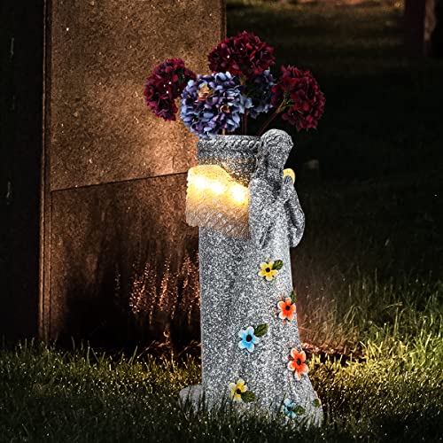 MIBUNG Cemetery Grave Flower Vase with Spikes, Solar Powered Praying Angel Statue Vase Holder with Stakes for Headstone Gravesite Decorations, Memorial Stone, Garden Yard Lawn Decor, Sympathy Gifts