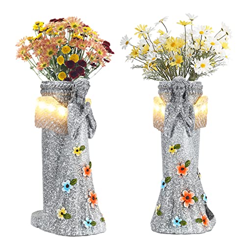 MIBUNG Cemetery Grave Flower Vase with Spikes, Solar Powered Praying Angel Statue Vase Holder with Stakes for Headstone Gravesite Decorations, Memorial Stone, Garden Yard Lawn Decor, Sympathy Gifts