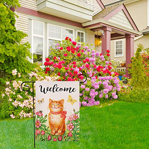 Welcome Cat Kitten Garden Flag Vertical Double Sided Spring Farmhouse Burlap Yard Outdoor Décor 12.5 x 18 Inch