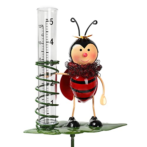 SaphiRose Rain Gauge Stake for Yard Garden Stakes Decor Outdoor Metal Ladybug Figurine with Plastic Tube - 5.31" W x 6.1" D x 40" H