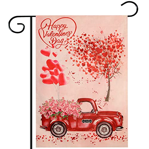 Valentines Day Garden Flag Double Sided Valentine Burlap House Flags Love Hearts Tree Red Truck with Rose Flowers Flags for Valentine's Day Decoration 12 x 18 Inch