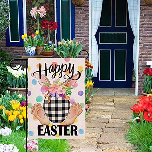 Hzppyz Happy Easter Garden Flag Double Sided, Easter Eggs Bunny Rabbit Decorative Yard Outdoor Home Small Decor, Buffalo Plaid Polka Dots Spring Farmhouse Burlap Outside House Decoration 12 x 18