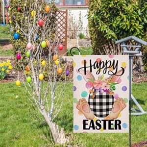 Hzppyz Happy Easter Garden Flag Double Sided, Easter Eggs Bunny Rabbit Decorative Yard Outdoor Home Small Decor, Buffalo Plaid Polka Dots Spring Farmhouse Burlap Outside House Decoration 12 x 18