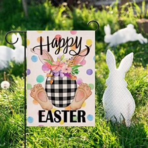 Hzppyz Happy Easter Garden Flag Double Sided, Easter Eggs Bunny Rabbit Decorative Yard Outdoor Home Small Decor, Buffalo Plaid Polka Dots Spring Farmhouse Burlap Outside House Decoration 12 x 18