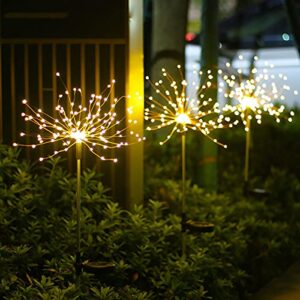 solar firework lights 2 packs solar garden decorative lights outdoor 105 led 2 modes firework string light waterproof landscape fairy lights for yard lawn pathway christmas party decor (warm white)