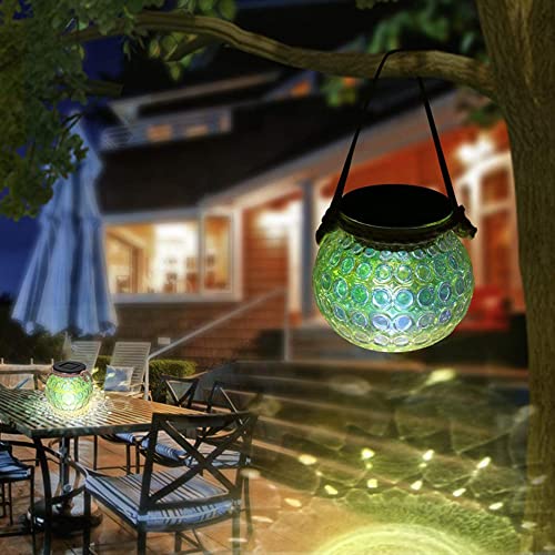 2 Pack Solar Lantern Crackle Glass Ball, LED Solar Outdoor Garden Hanging Light Solar Powered Waterproof Landscape Lanterns for Shepherd Hook, Garden Décor