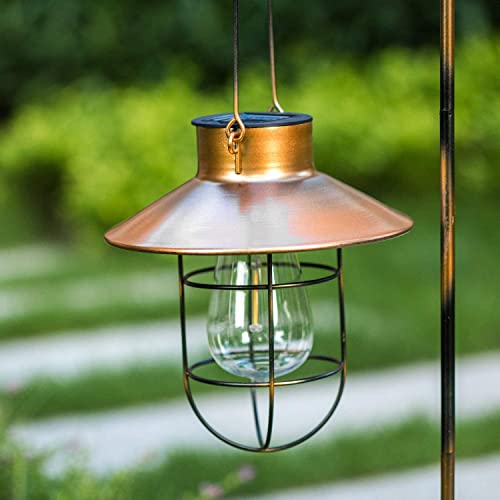 Hanging Solar Lights Lantern Lamp with Shepherd Hook,Metal Waterproof Edison Bulb Lights for Garden Outdoor Pathway (Copper)