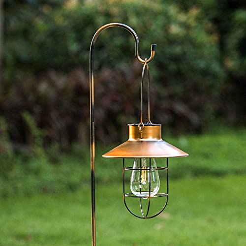 Hanging Solar Lights Lantern Lamp with Shepherd Hook,Metal Waterproof Edison Bulb Lights for Garden Outdoor Pathway (Copper)