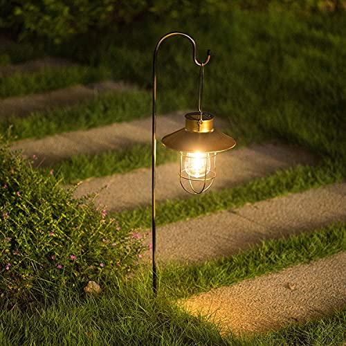 Hanging Solar Lights Lantern Lamp with Shepherd Hook,Metal Waterproof Edison Bulb Lights for Garden Outdoor Pathway (Copper)