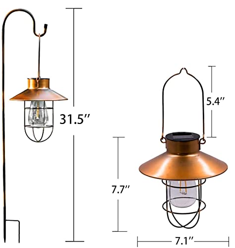 Hanging Solar Lights Lantern Lamp with Shepherd Hook,Metal Waterproof Edison Bulb Lights for Garden Outdoor Pathway (Copper)