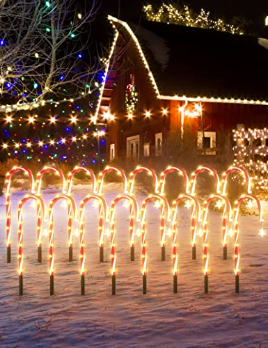 12 Pack Solar Christmas Candy Cane Lights, 21" Candy Cane Pathway Lights Outdoor Markers Christmas Decorations Lights with 8 Lighting Modes, for Xmas Holiday Party Garden Walkway Patio Garden Decor