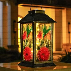 solar lanterns outdoor hanging light – solar powered glass lantern outdoor waterproof garden light with hummingbird and flower pattern table patio yard pathway decor christmas gift