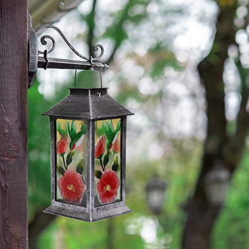 Solar Lanterns Outdoor Hanging Light - Solar Powered Glass Lantern Outdoor Waterproof Garden Light with Hummingbird and Flower Pattern Table Patio Yard Pathway Decor Christmas Gift