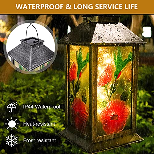 Solar Lanterns Outdoor Hanging Light - Solar Powered Glass Lantern Outdoor Waterproof Garden Light with Hummingbird and Flower Pattern Table Patio Yard Pathway Decor Christmas Gift