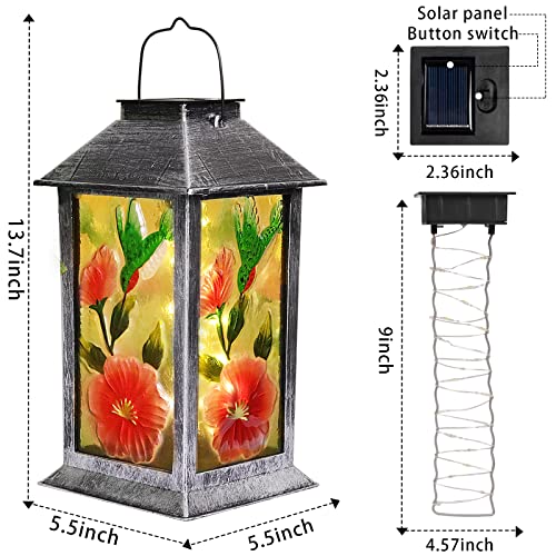 Solar Lanterns Outdoor Hanging Light - Solar Powered Glass Lantern Outdoor Waterproof Garden Light with Hummingbird and Flower Pattern Table Patio Yard Pathway Decor Christmas Gift